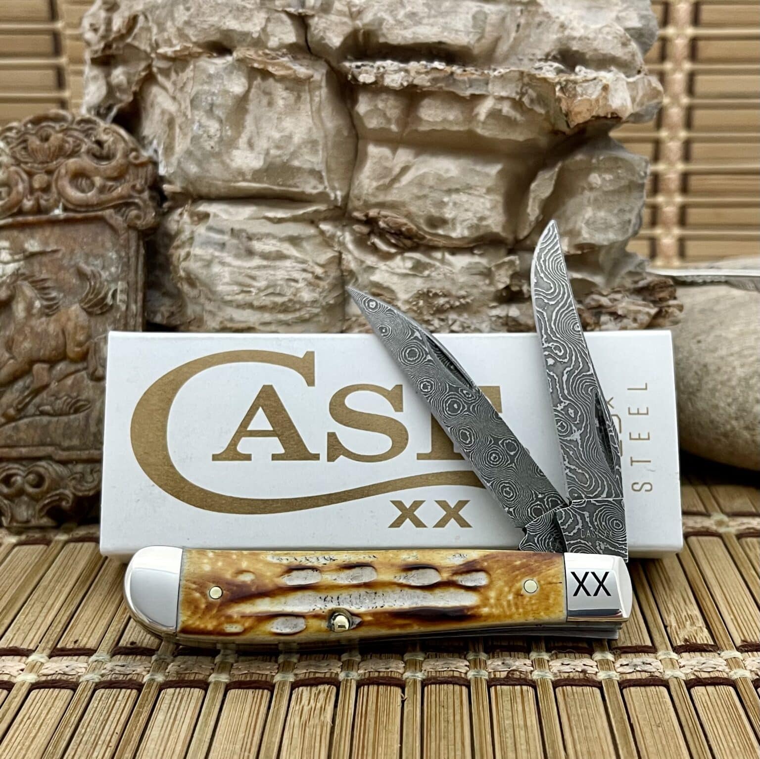 Case XX Damascus Mini Trapper Knife - Deep Canyon Bone