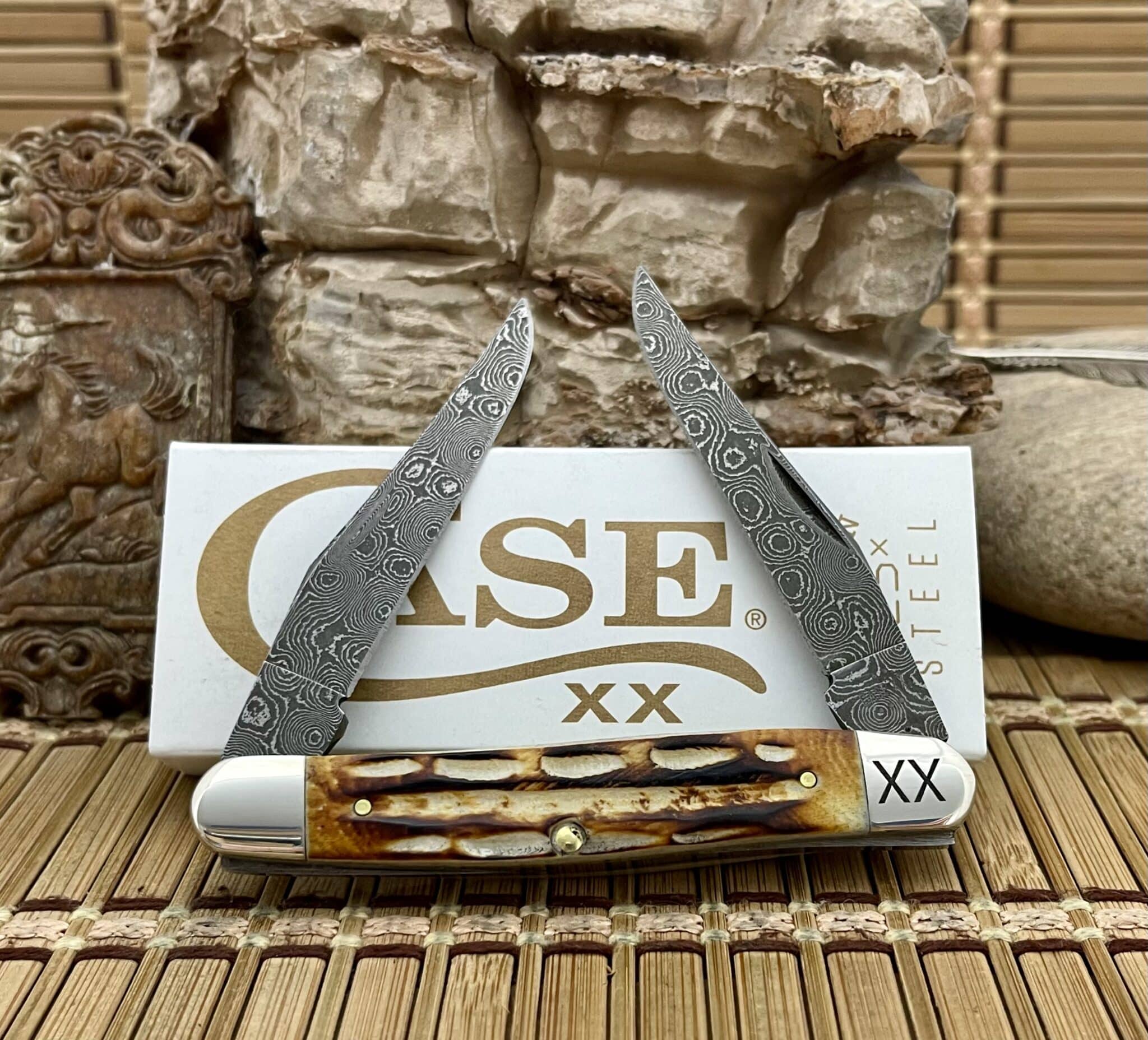 Case XX Damascus Muskrat Knife - Deep Canyon Bone