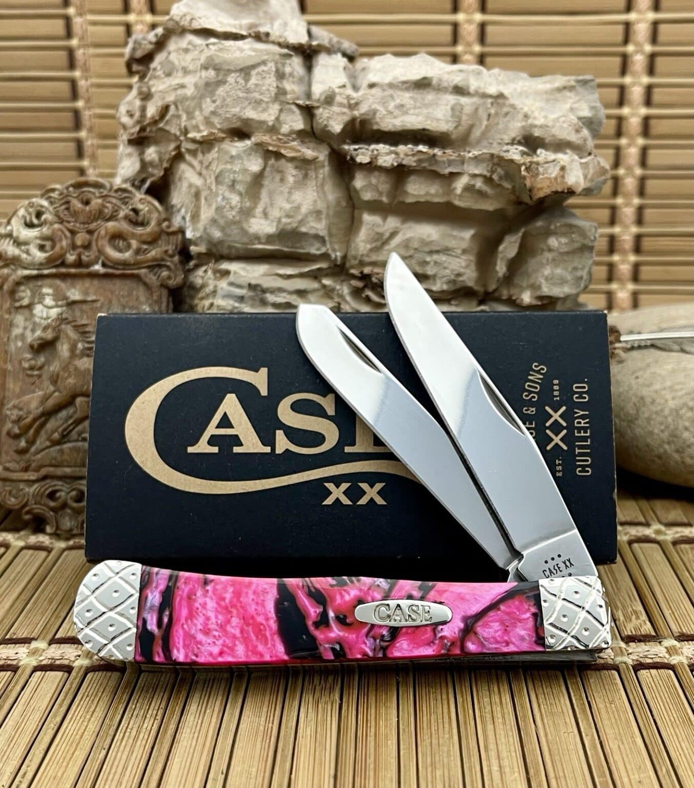 Stunning case black salmon engraved trapper