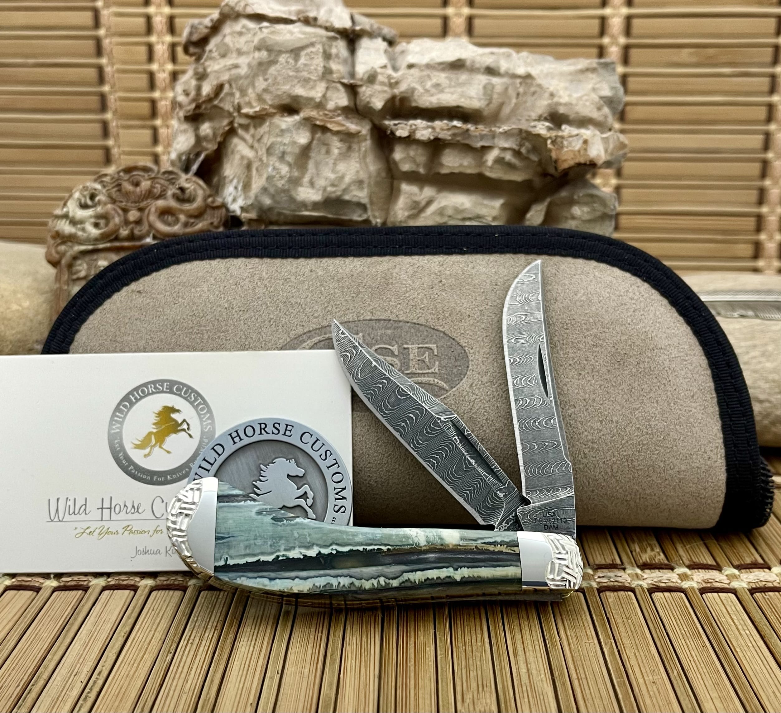 Exotic case green mammoth fossil damascus saddlehorn 1/5
