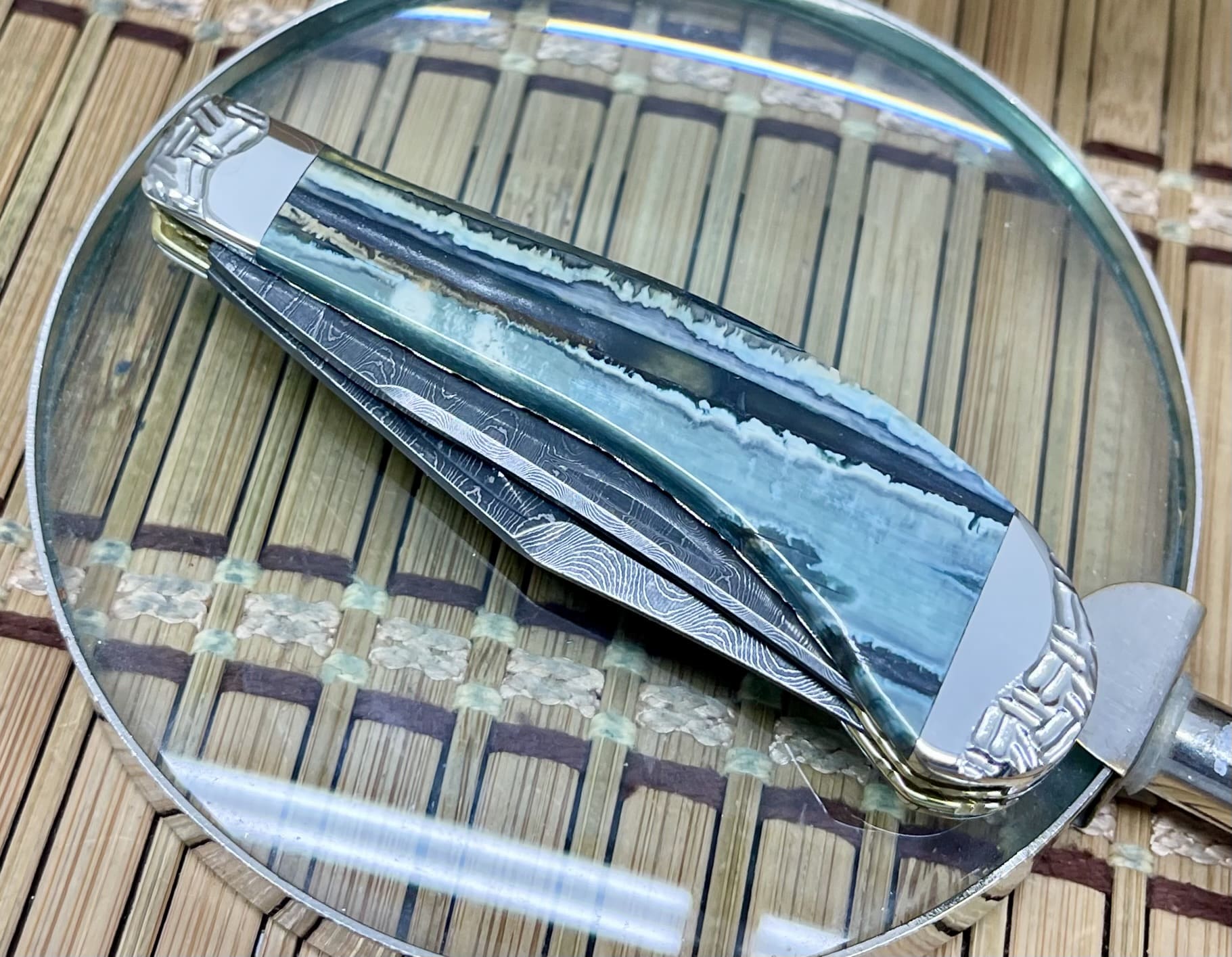 Exotic case green mammoth fossil damascus saddlehorn 1/5