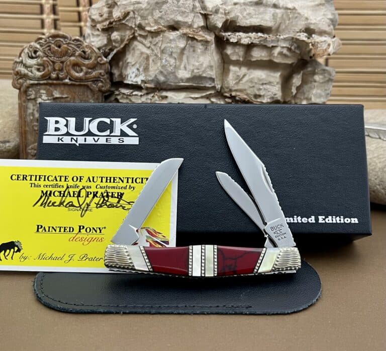 Enhanced buck painted pony gold lip pearl cadet stockman knife